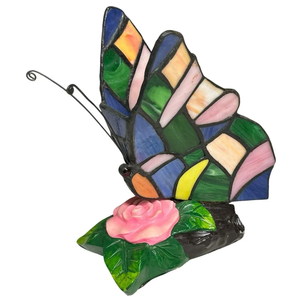 Accents | Tiffany Style Stained Glass Butterfly Lamp Pink Rose Base ...